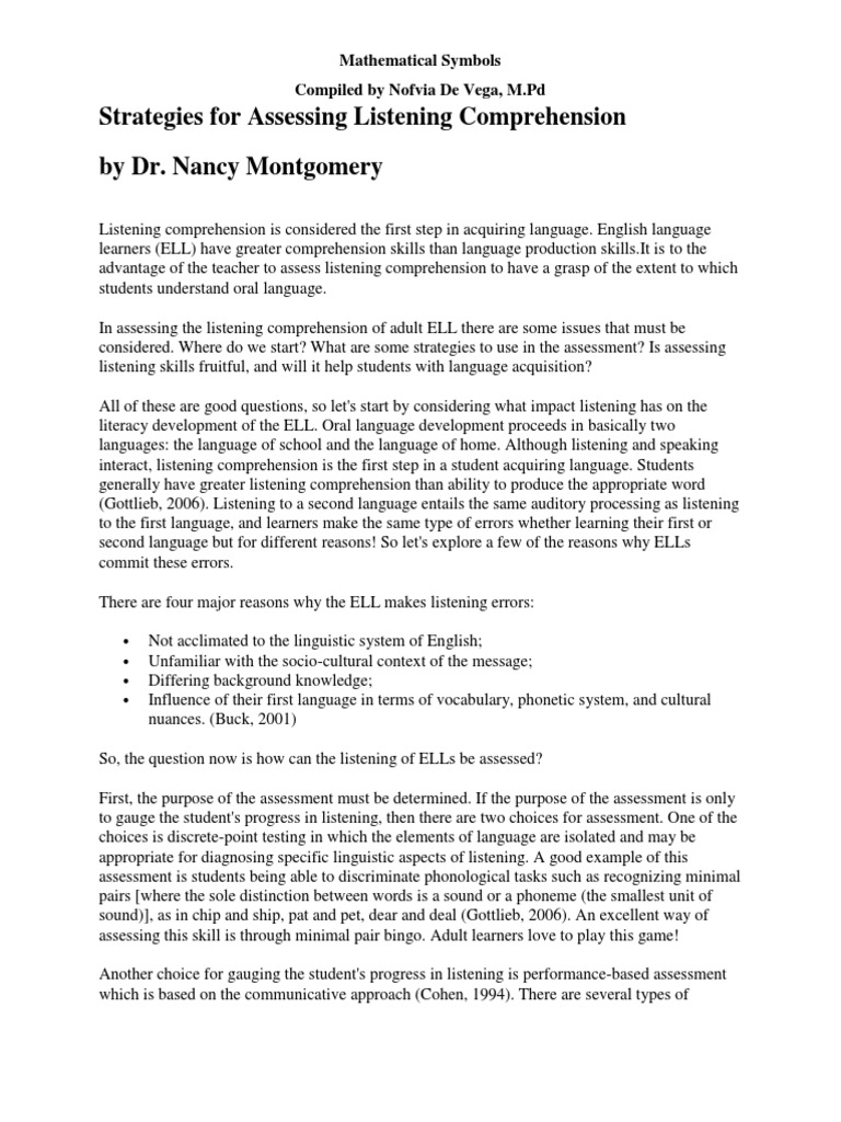 Strategies For Assessing Listening Comprehension Pdf Reading