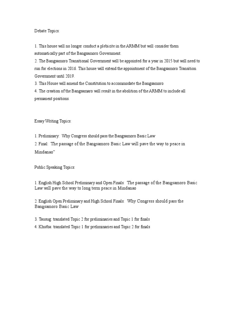 Bangsamoro Debate and Essay Topics | PDF