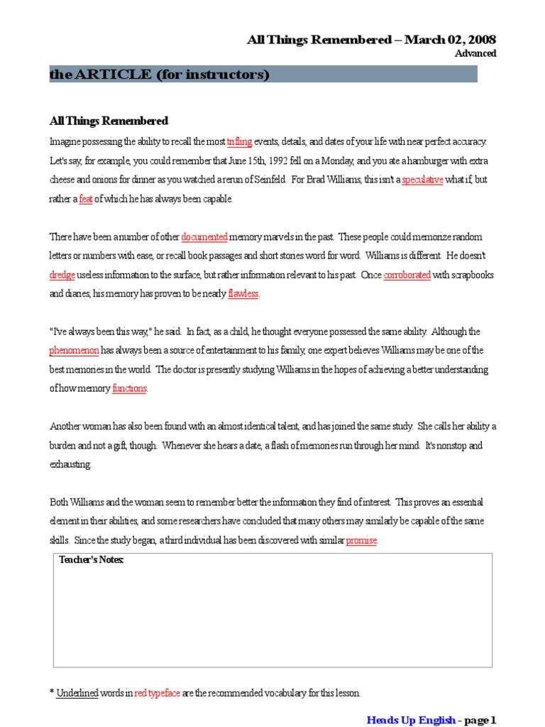 ESL News Lesson (Advanced All Things Remembered) | PDF | Recall (Memory ...