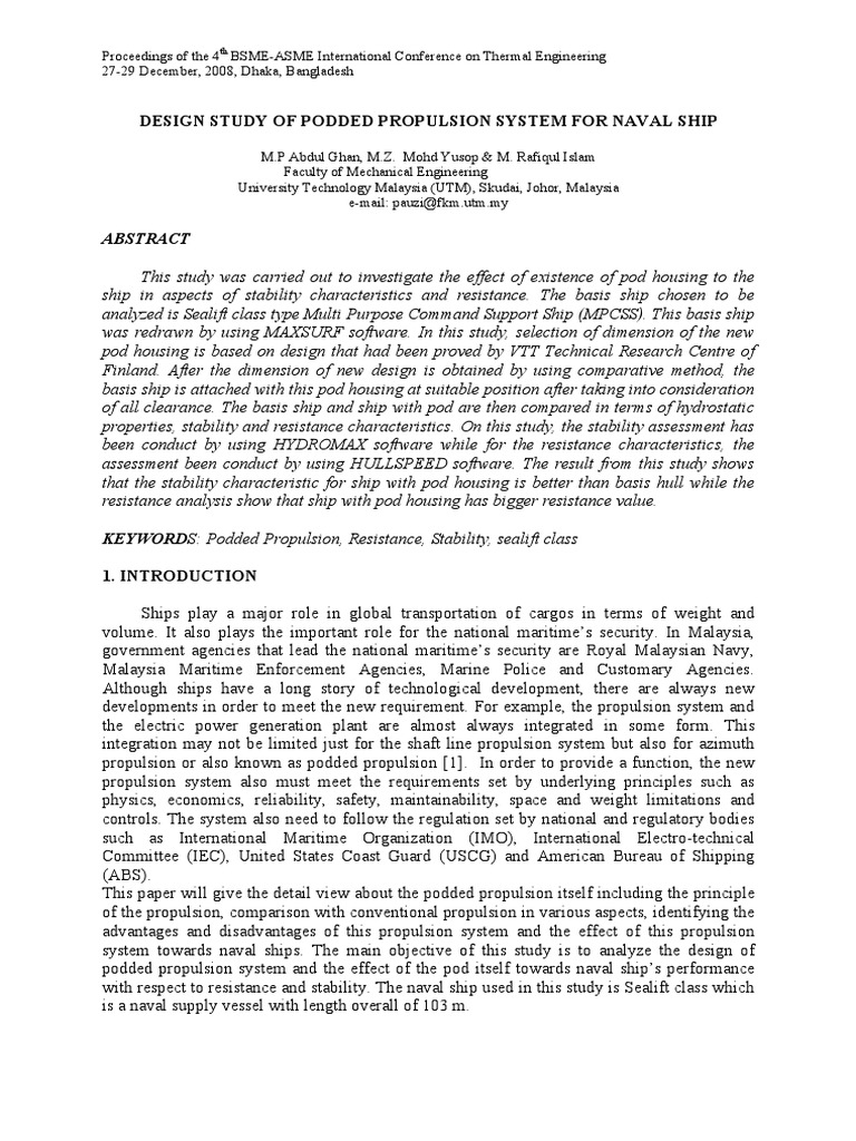 Design Study of Podded Propulsion System For Naval Ship | PDF | Marine ...