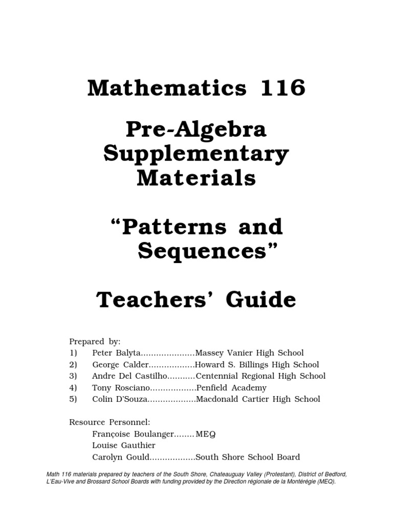 Mathematics 116 Pre-Algebra Supplementary Materials "Patterns and ...