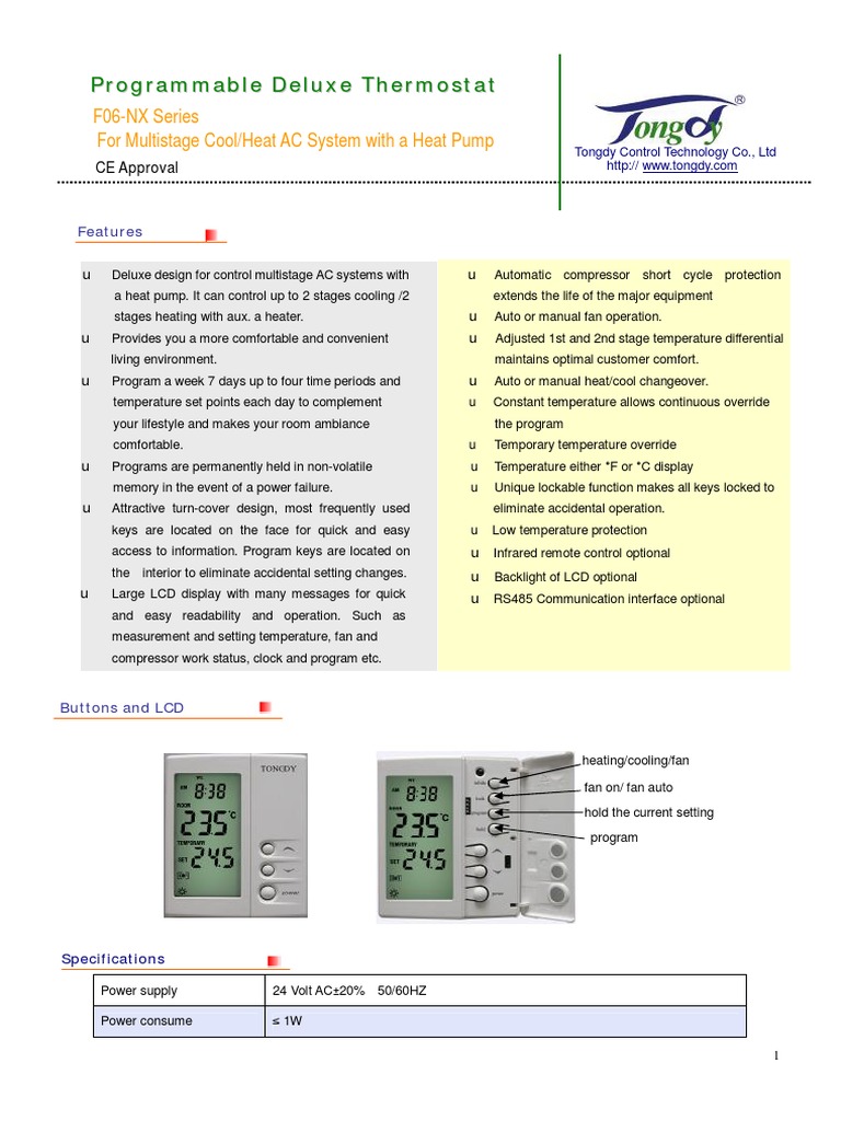 F06-NX AC Deluxe Thermostat-Datasheet | PDF | Hvac | Heat Pump