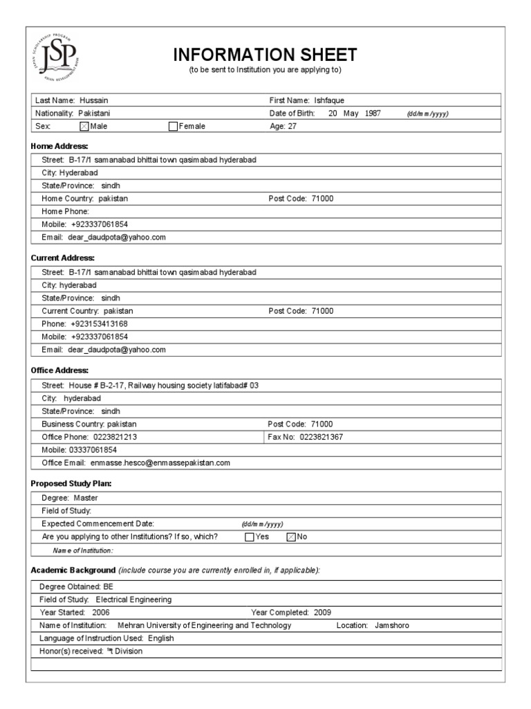 JSP Information Sheetfilled PDF
