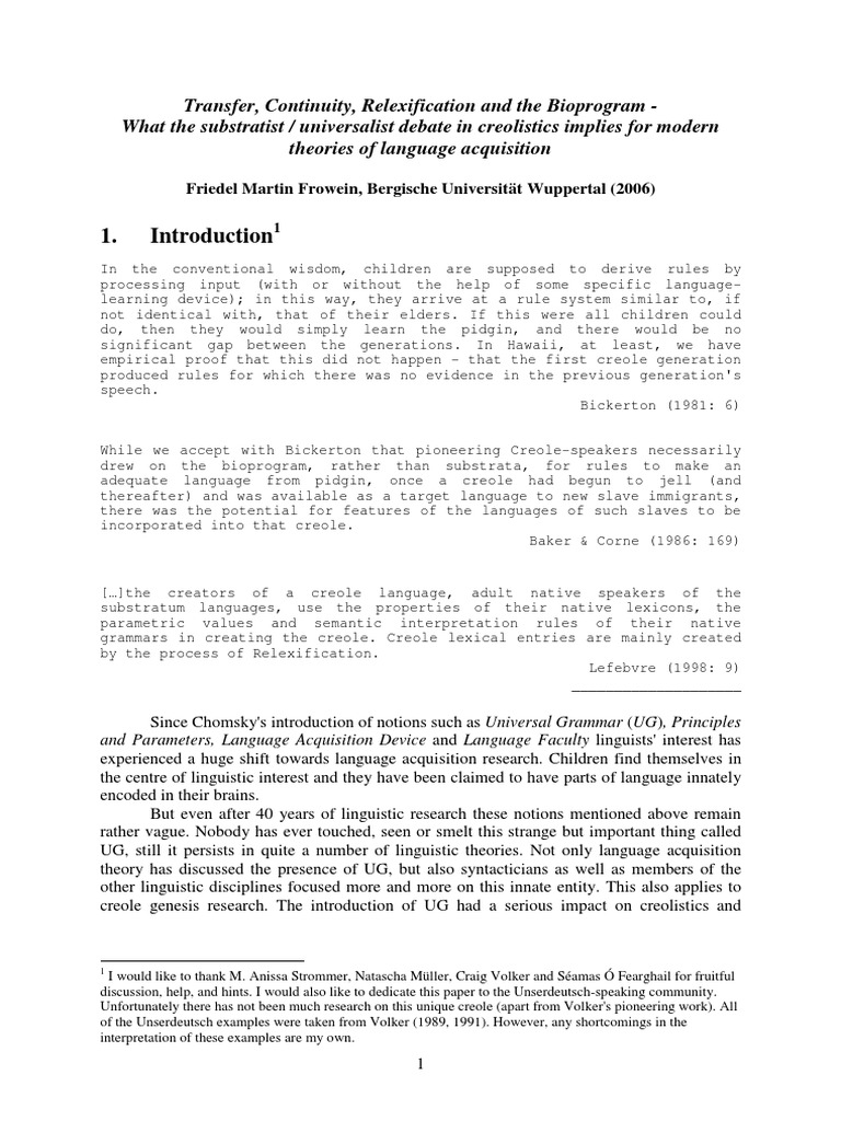 Transfer, Continuity, Relexification and The Bioprogram | PDF | Language Acquisition | Lexicon