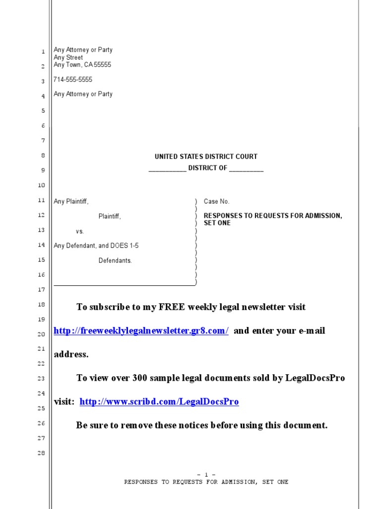 Sample Responses to Admissions Requests | PDF | Discovery (Law ...