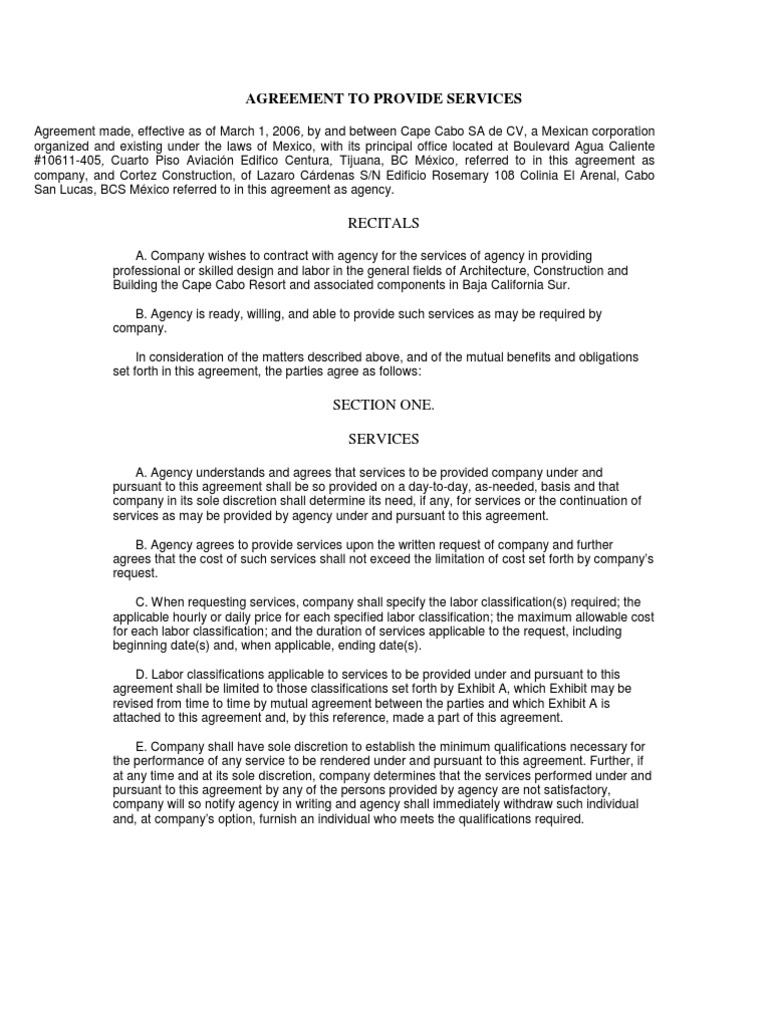 Agreement To Provide Services: Recitals | PDF | Indemnity | Insurance