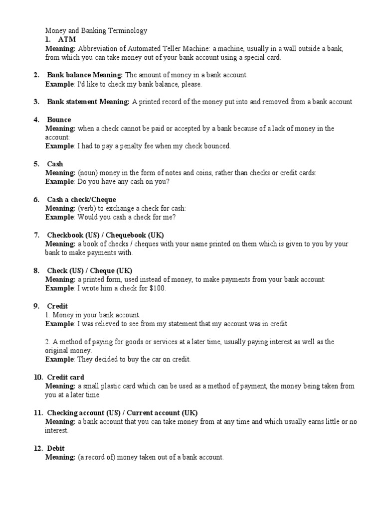 Money and Banking Terminology | PDF | Cheque | Banks