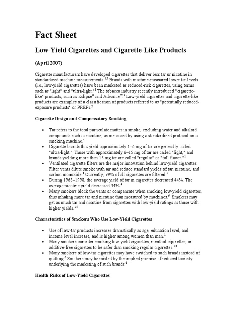 Low Yield Fact Sheet | PDF | Cigarette | Tobacco