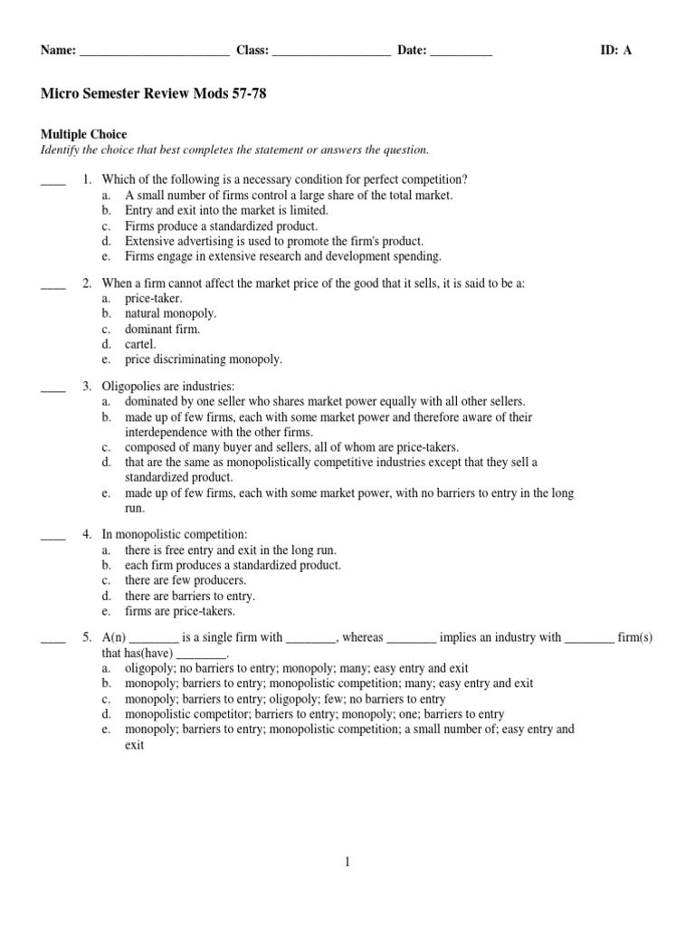 Micro Semester Review Packet Mods 57-78 | PDF | Monopoly | Perfect ...