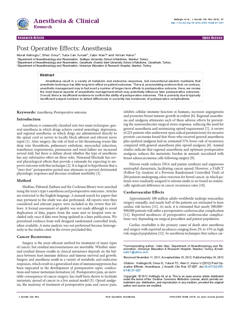Post Operative Effects Anesthesia | PDF