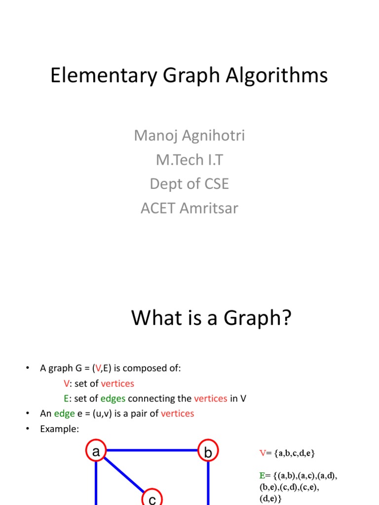 Elementary Graph Algorithms: Manoj Agnihotri M.Tech I.T Dept of CSE ACET Amritsar | PDF | Vertex ...