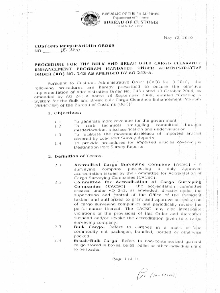 CMO 18-2010 Procedure For Bulk and Break Clearance Enhancement Program ...