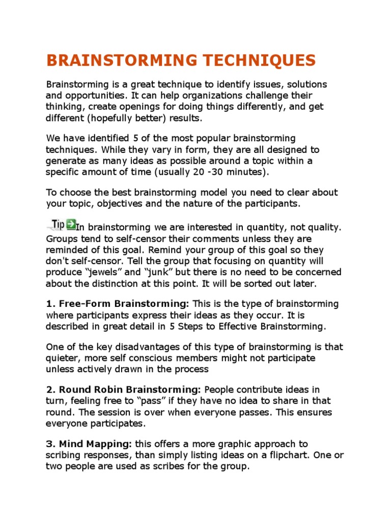 Brainstorming Techniques | PDF | Brainstorming | Educational Psychology