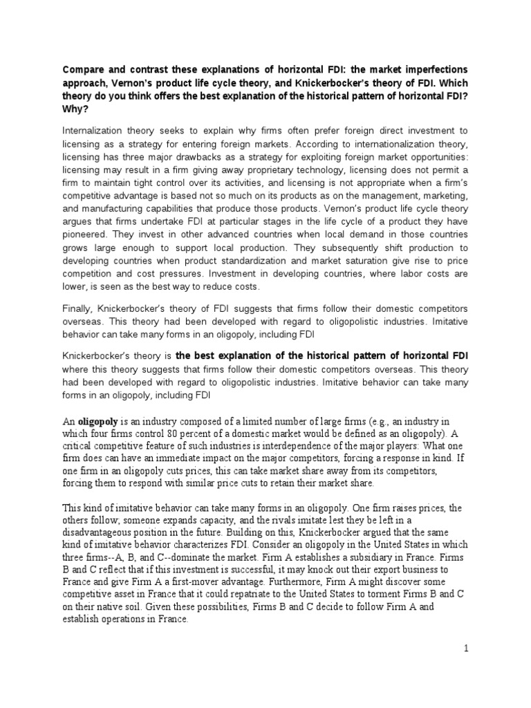 Compare and Contrast These Explanations of Horizontal FDI The Market ...