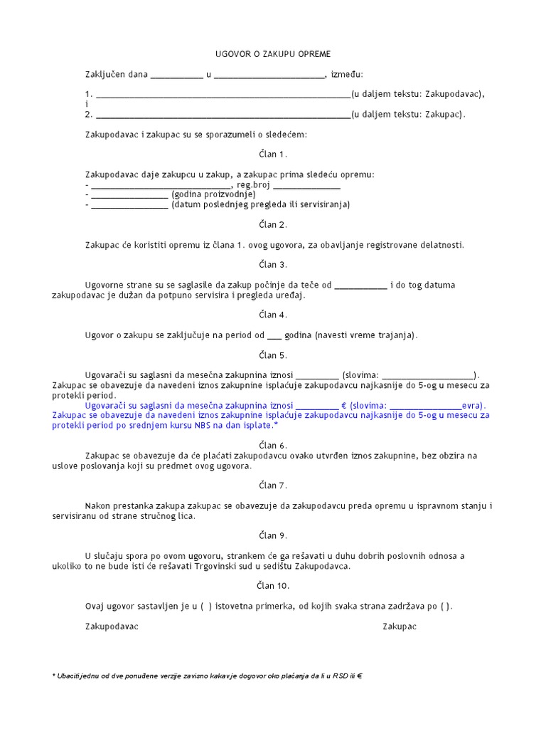 Ugovor o Zakupu Opreme | PDF
