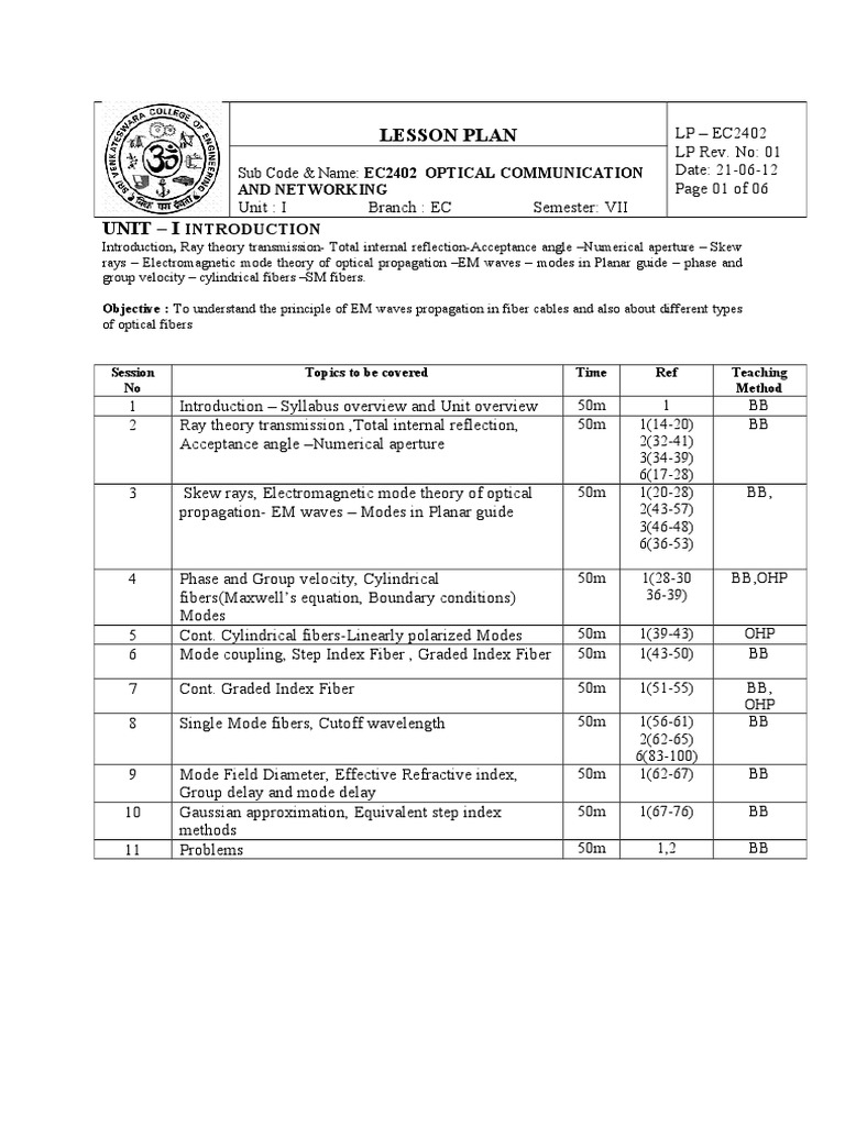 Lesson Plan: and Networking | PDF | Optics | Optical Fiber