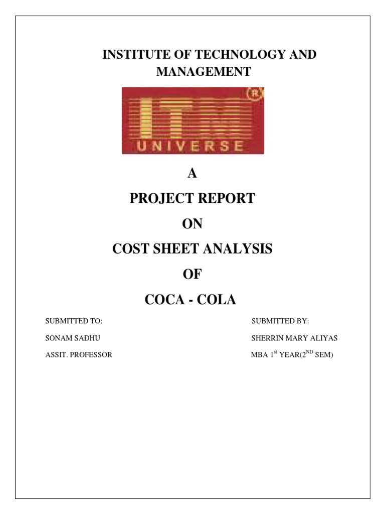 A Project Report ON Cost Sheet Analysis OF Coca - Cola: Institute of ...