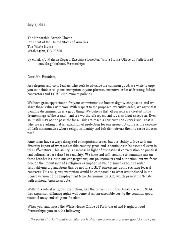 Religious Exemption Letter To President Obama | PDF | Marriage ...