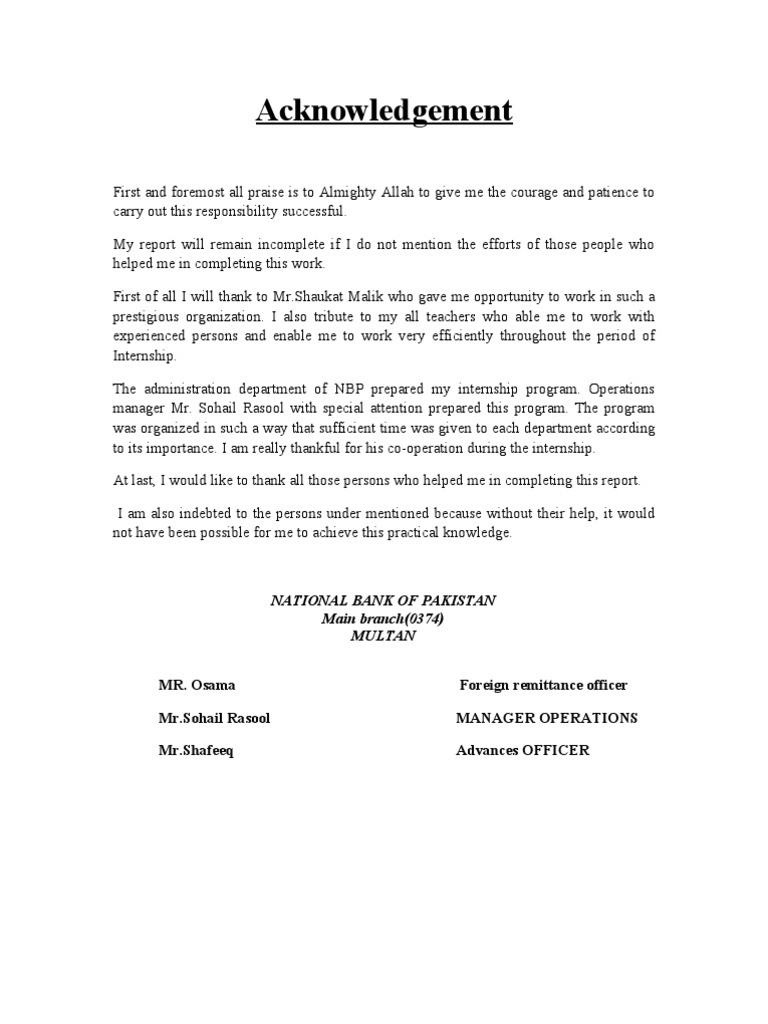 Acknowledgement | PDF | Islamic Banking And Finance | Banks