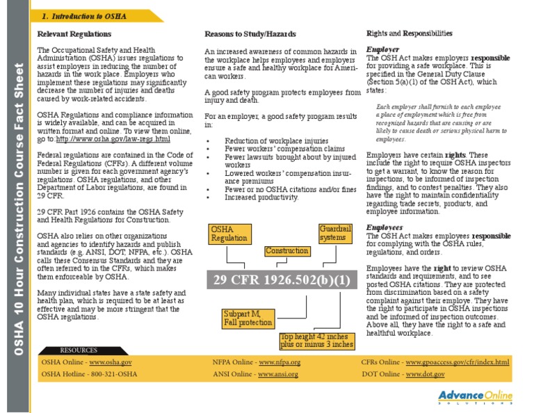 OSHA 10 Fact Sheet - Introduction To OSHA | PDF | Occupational Safety ...