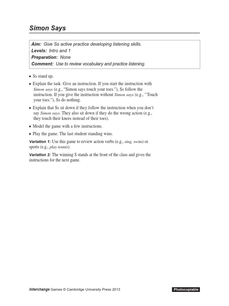 Simon Says Game for Listening Skills | PDF