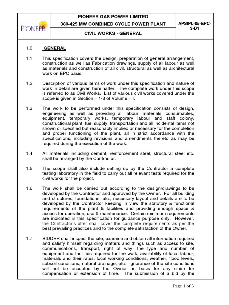 Civil Works Specification for Power Plant | PDF | Specification ...