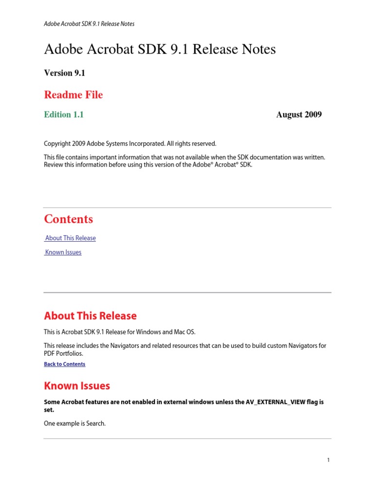 Adobe Acrobat SDK 9.1 Release Notes: Readme File | PDF