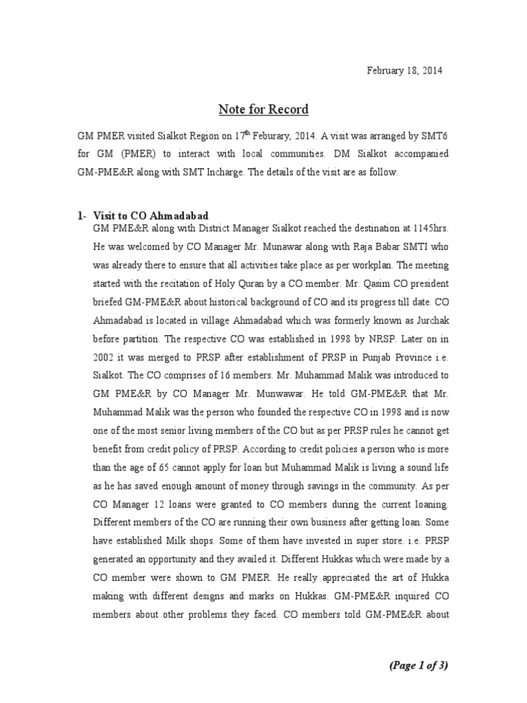 Note For Record: 1-Visit To CO Ahmadabad | Download Free PDF | Business