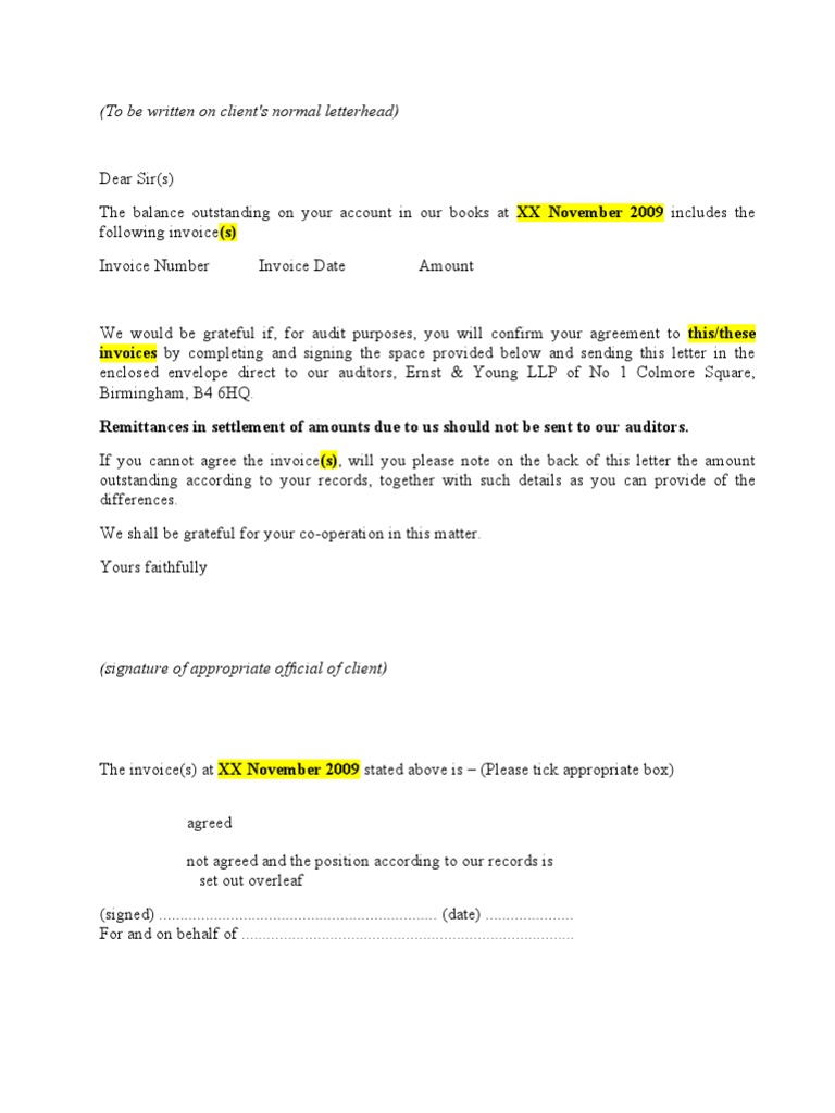 Debtor Balance Confirmation Letter Template | PDF | Finance & Money ...