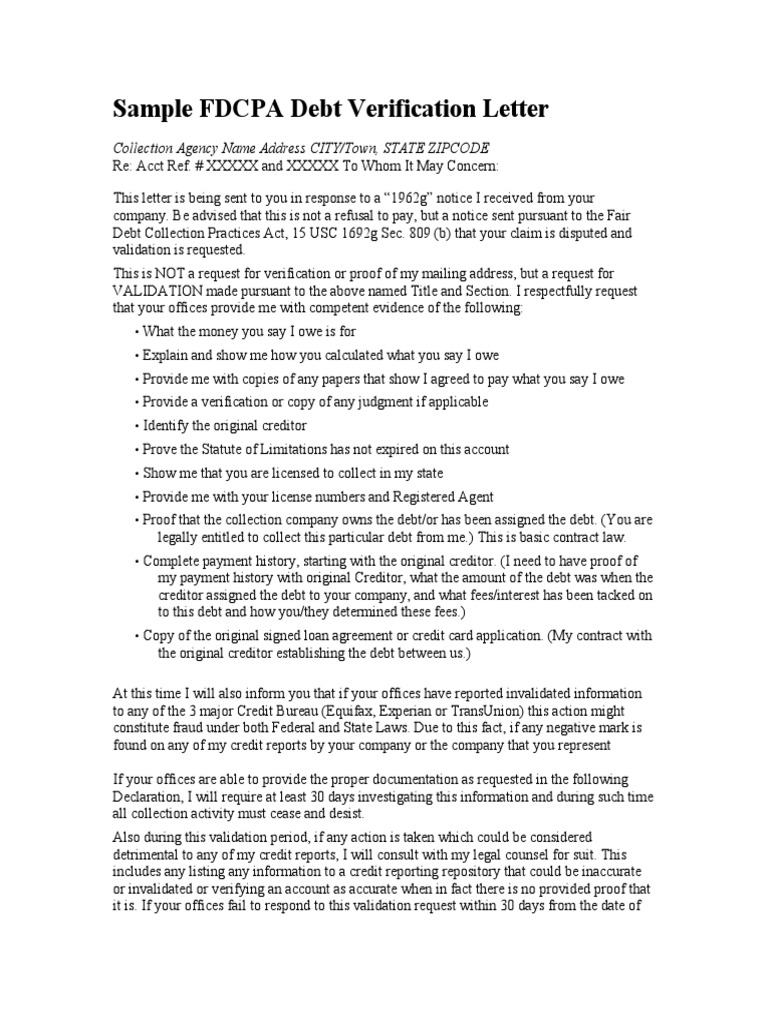 FDCPA Debt Validation Request Letter | PDF | Credit History | Debt