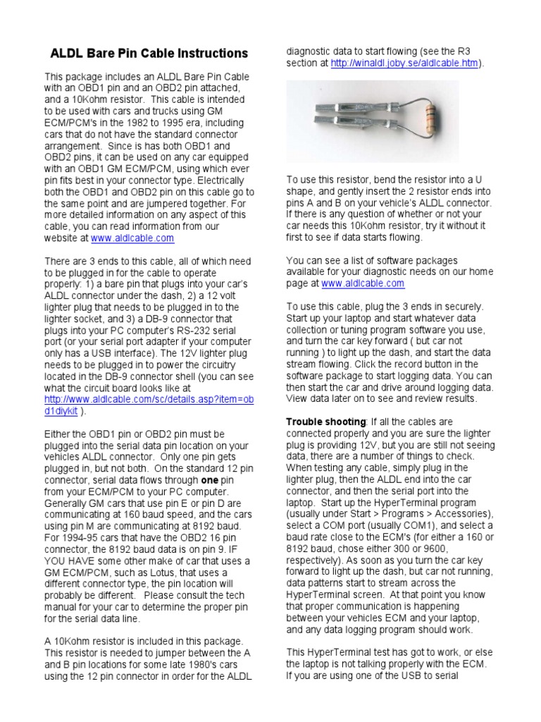 ALDL Bare Pin Cable Instructions | PDF | Electrical Connector | Office ...