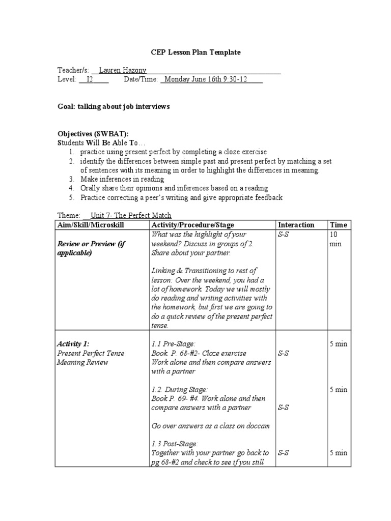 CEP Lesson Plan Template: Review or Preview (If Applicable) | PDF ...