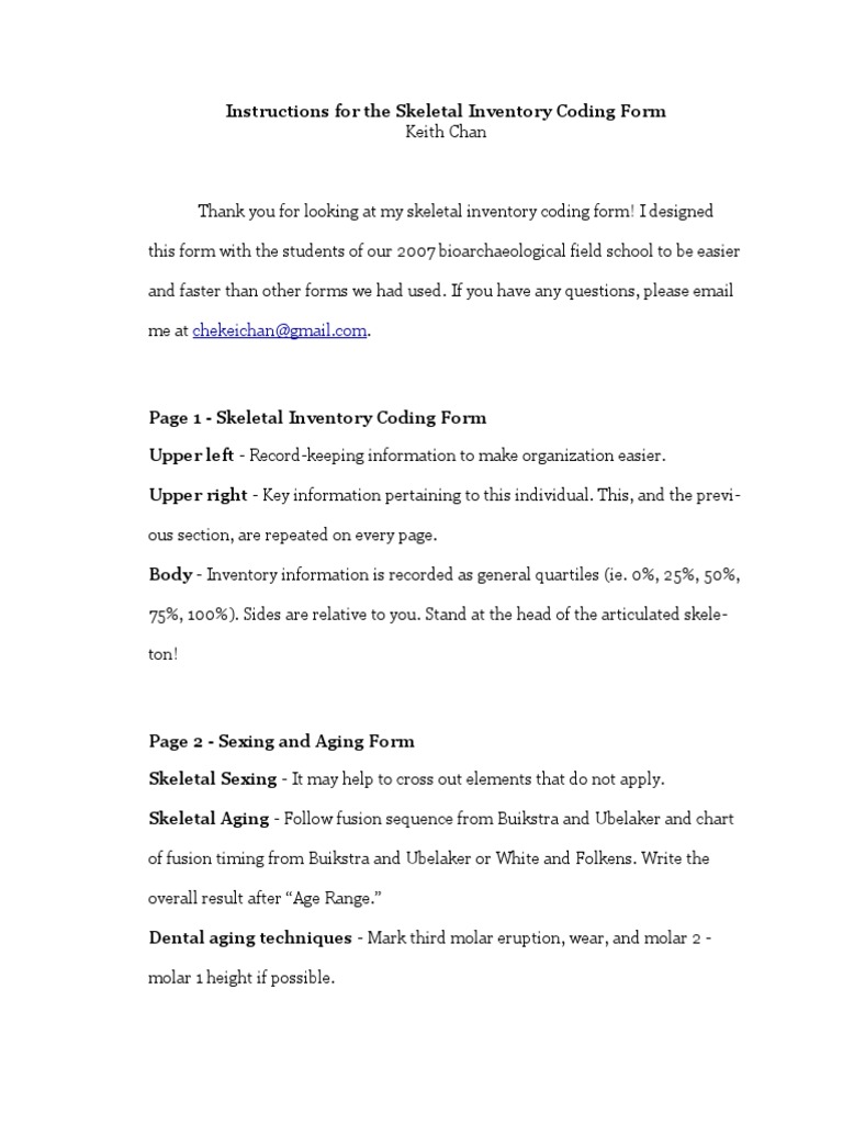Skeletal Inventory Coding Instructions | PDF | Skeletal System ...