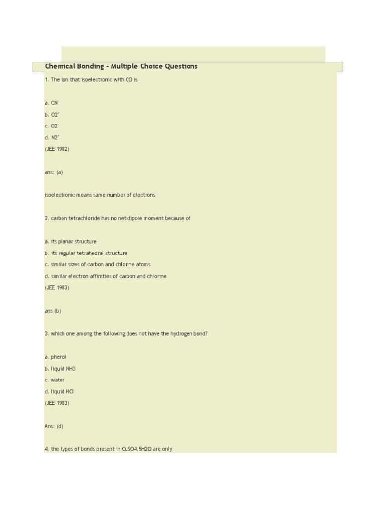 Chemical Bonding MCQs for Students | PDF | Intermolecular Force | Ionic ...