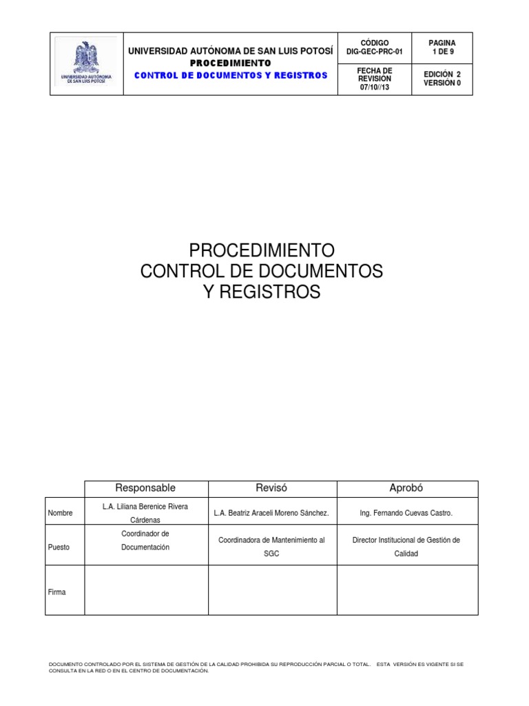 Procedimiento de Control de Documentos. | PDF