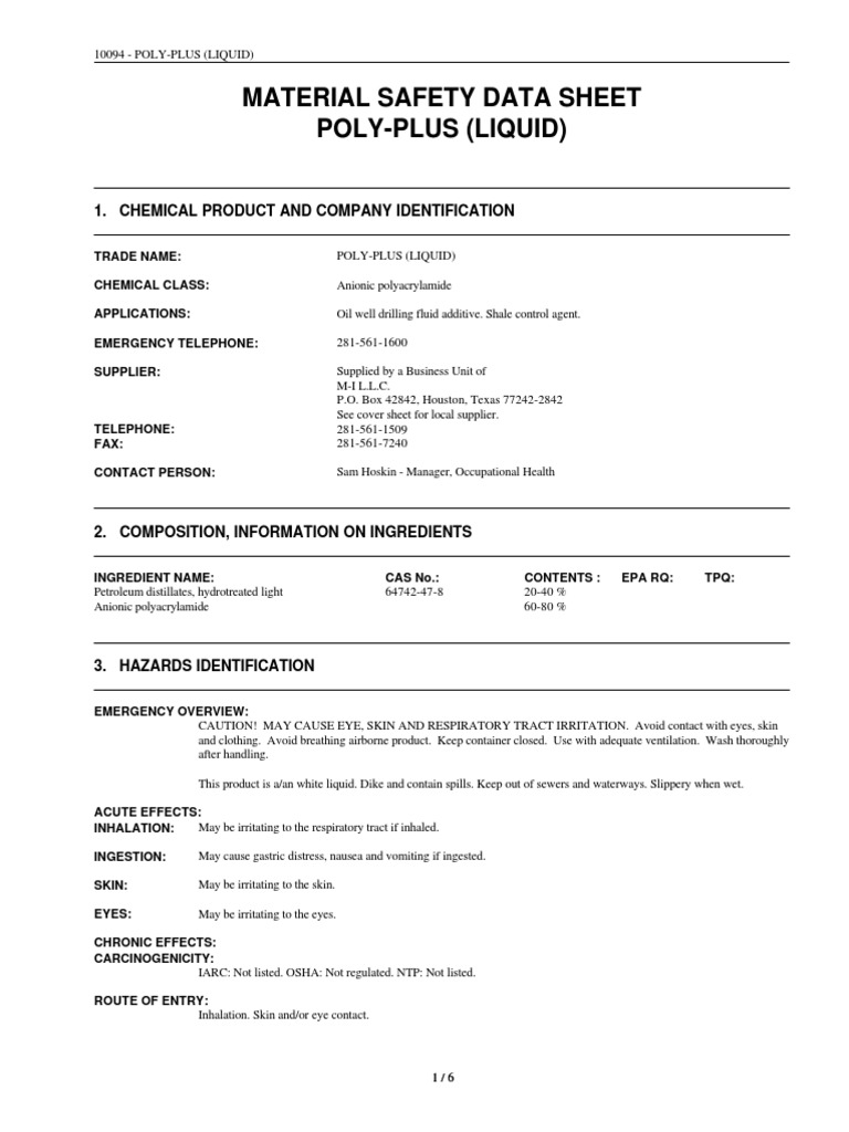 Poly Plus Liquid Msds | PDF | Resource Conservation And Recovery Act ...