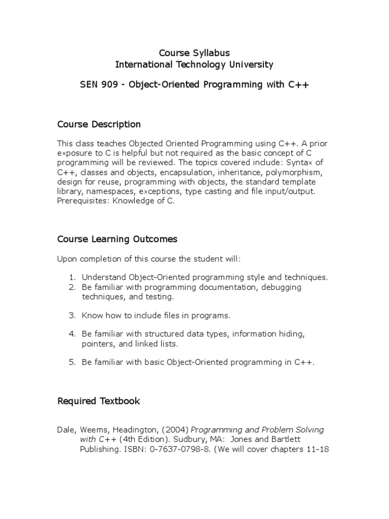 Course Syllabus International Technology University SEN 909 - Object-Oriented Programming With ...