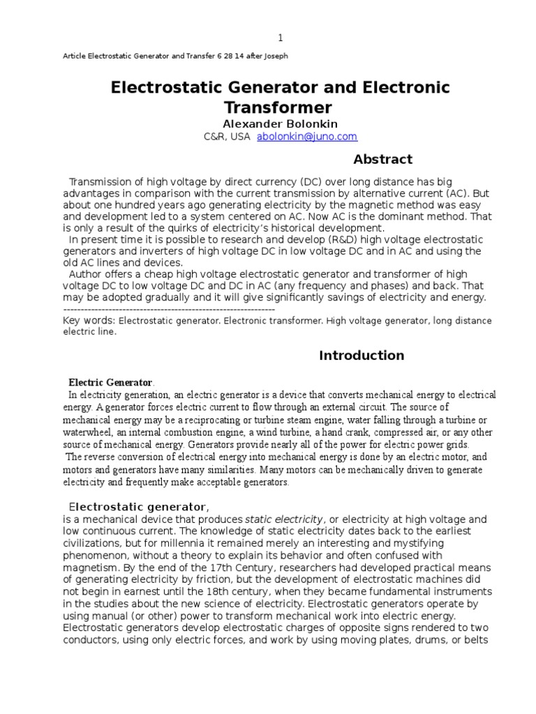 Electrostatic Generator and Electronic Transformer | PDF | Electric ...