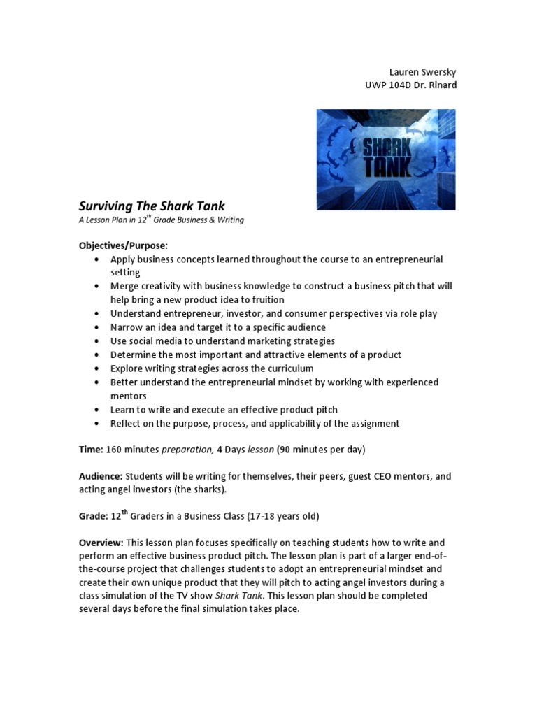 Surviving The Shark Tank, A Lesson Plan | PDF | Interest | Inventory