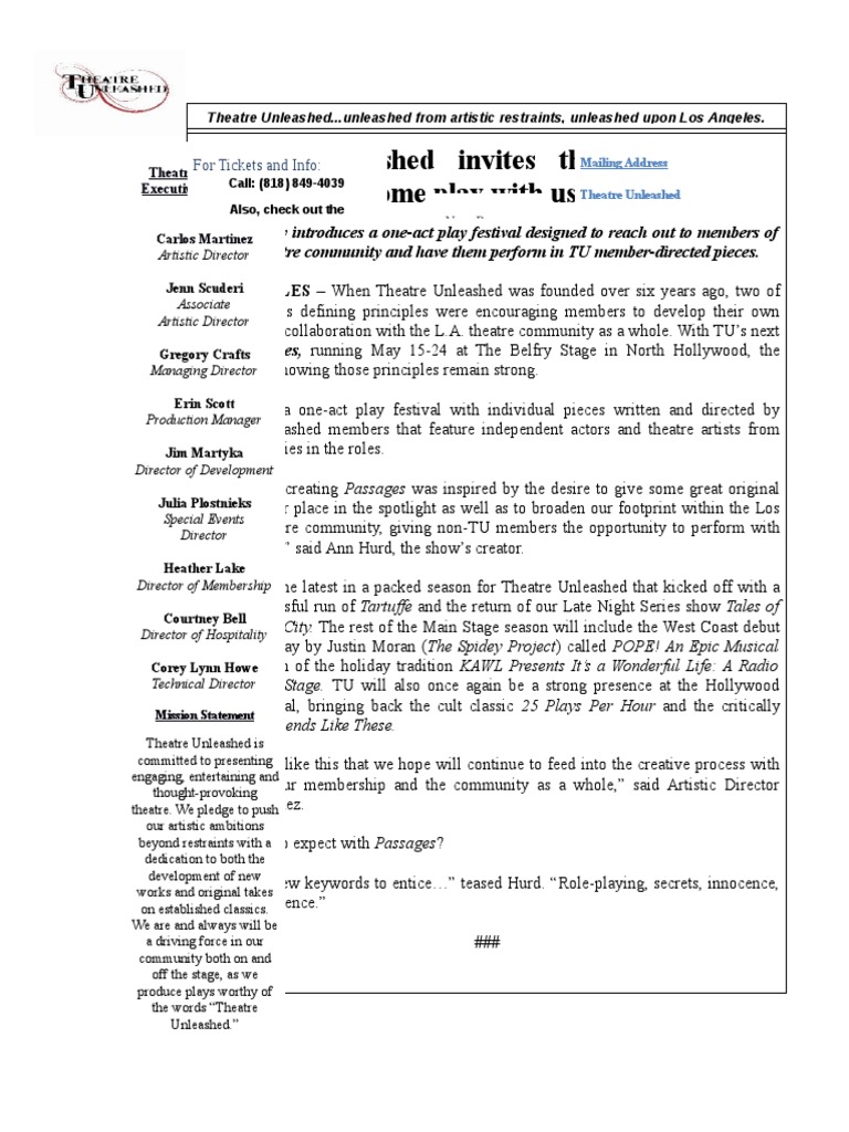 Theatrical Press Release Sample | Theatre | Entertainment