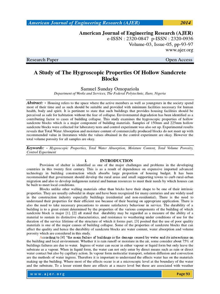 A Study of The Hygroscopic Properties of Hollow Sandcrete Blocks | PDF ...