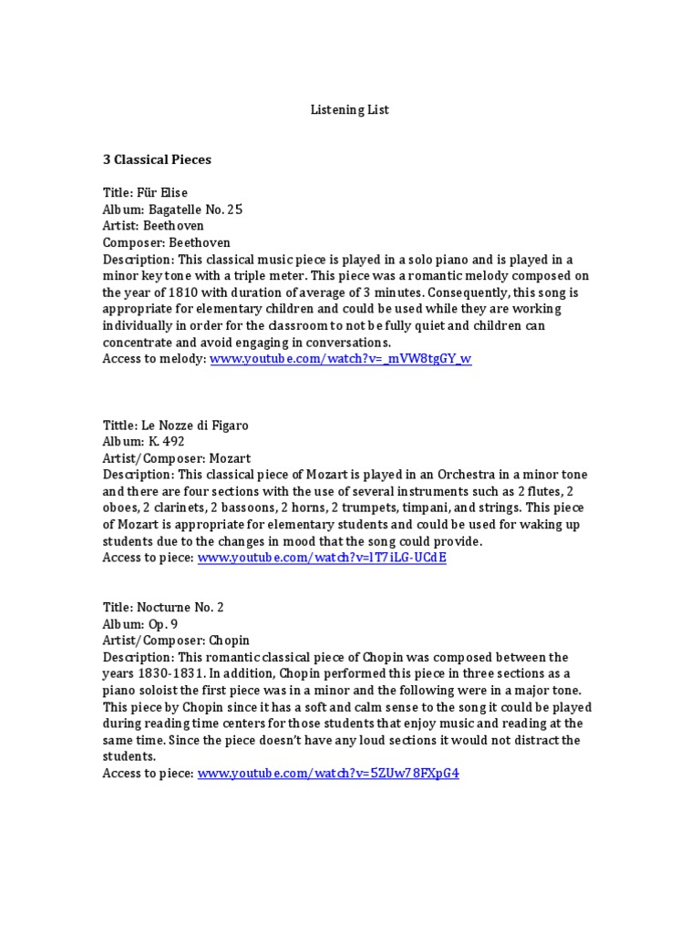 Listening List Rubric | PDF | Classical Music | Songs