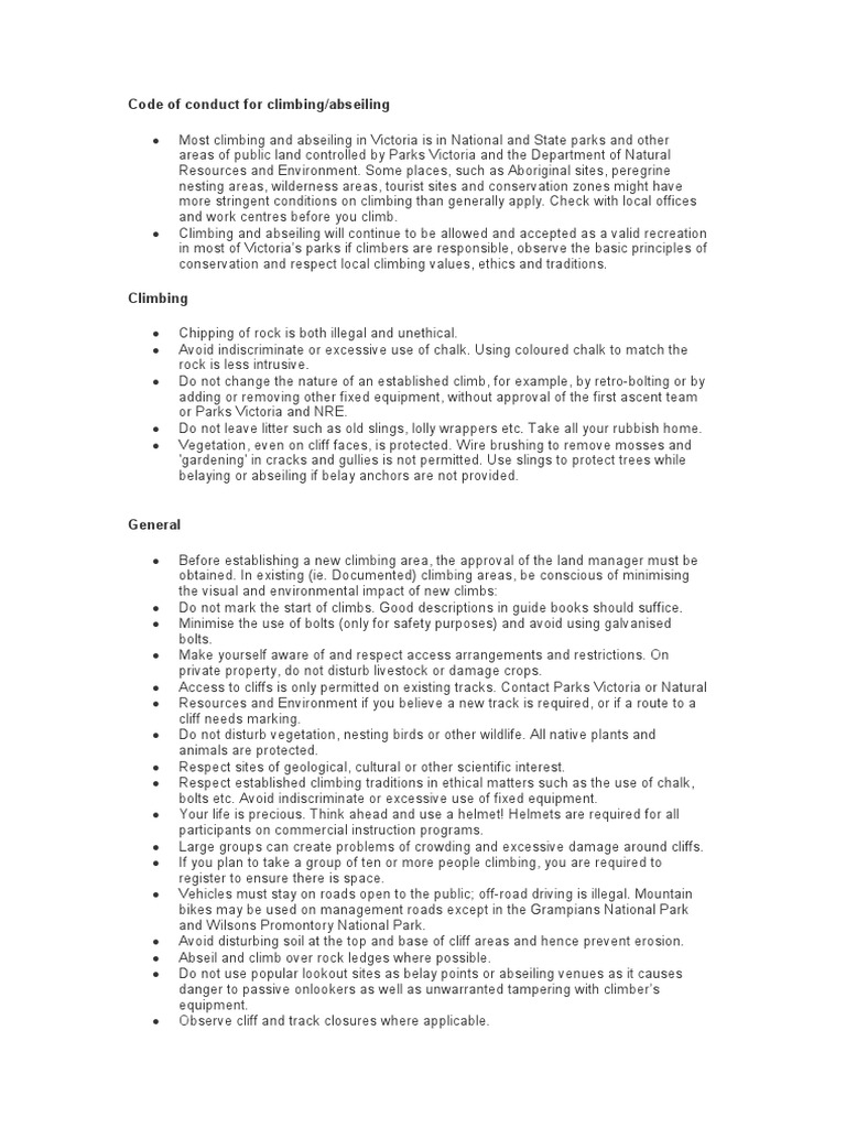 Parks Victoria Code of Conduct For Climbing | PDF | Rock Climbing ...