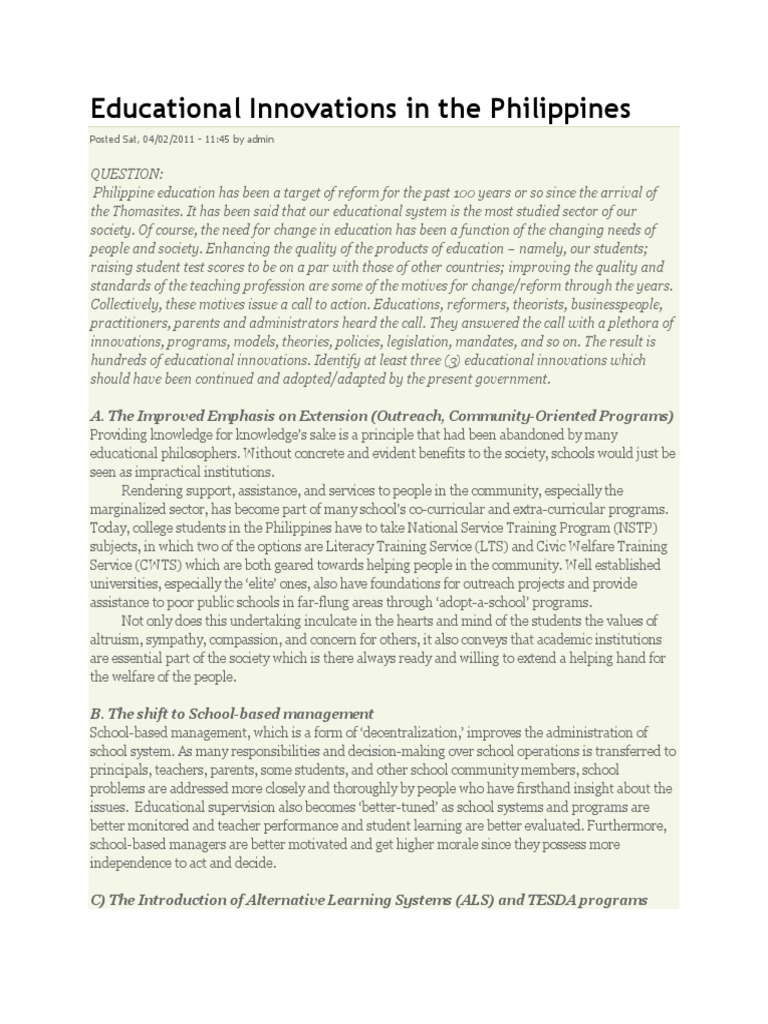 Educational Innovations in The Philippines | PDF | Educational ...