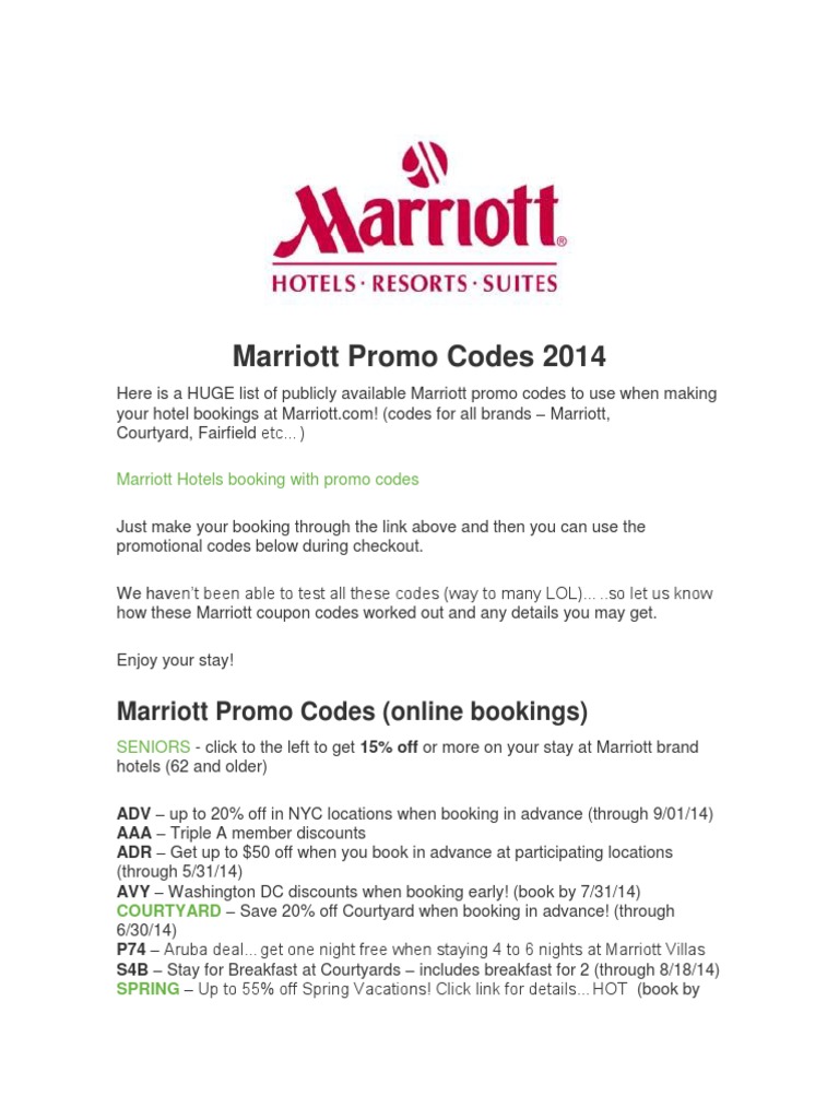 Marriott Promo Codes 2014 | PDF | Marriott International | Resort