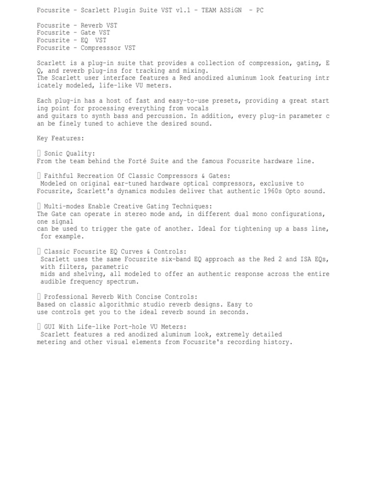 Focusrite - Scarlett Plugin Suite VST v1.1 - TEAM ASSiGN - PC | PDF ...