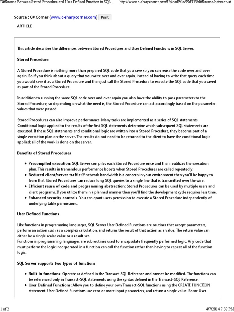 Difference Between Stored Procedure And User Defined Function In Sql Server Pdf Subroutine