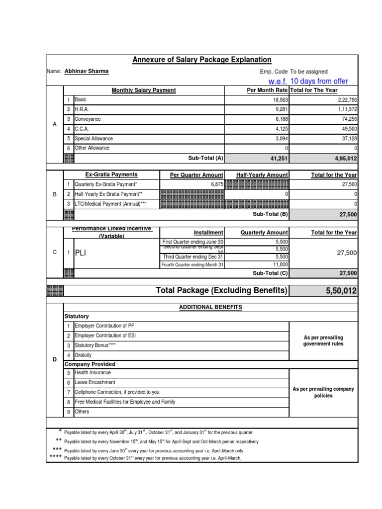 Annexure of Salary Package Explanation: Emp. Code To Be Assigned | PDF