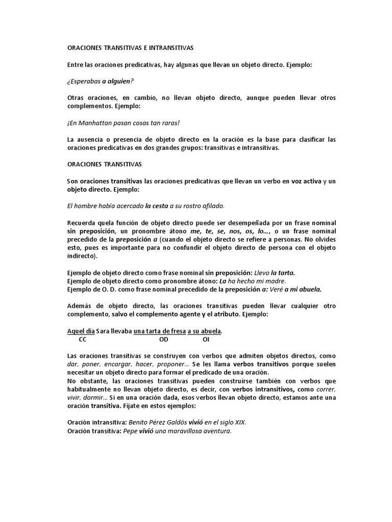 Oraciones Transitivas e Intransitivas | PDF | Objeto (gramática) | Verbo
