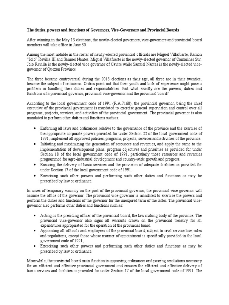 The Duties, Powers and Functions of Governors, Vice-Governors and ...